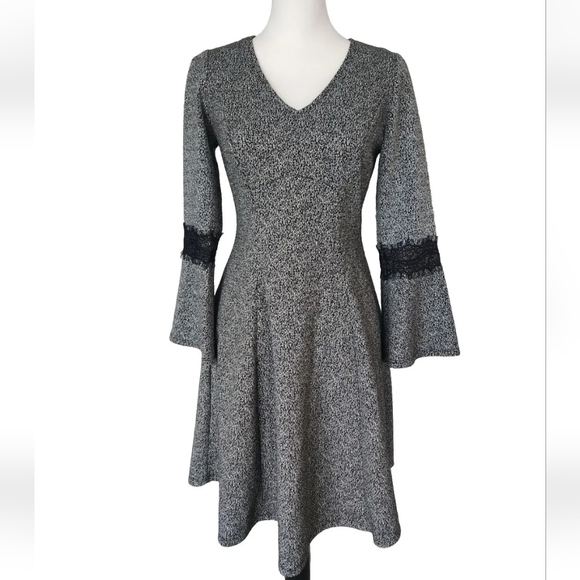 Elle | Dresses | Elle Fit Flare Midi Knit Lace Long Sleeve Flare Black ...